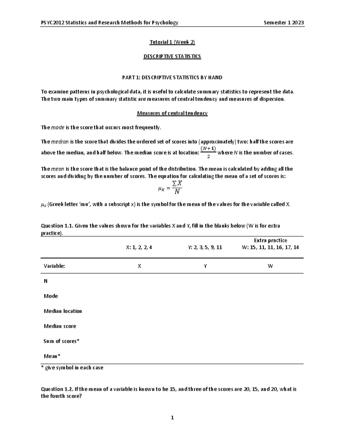 PSYC2012 Semester 1 2023 Tutorial 1: Descriptive Statistics Part 1 ...