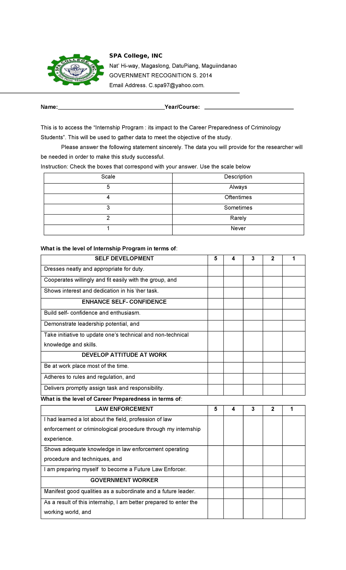 SPA College Internship Program Questionnaire: Impact on Criminology ...