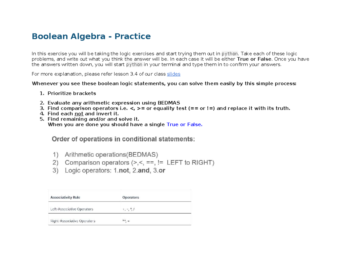 Boolean Algebra Practice Exercises for Python Logic (CS101) - Studocu