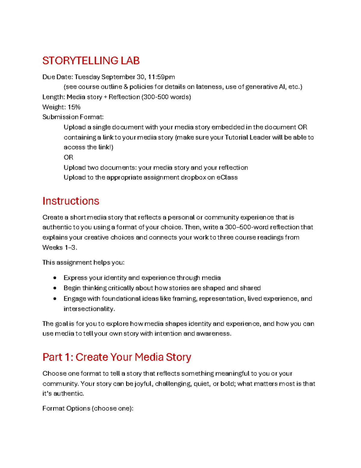 STORYTELLING LAB: Media Story & Reflection Assignment Guide - Studocu