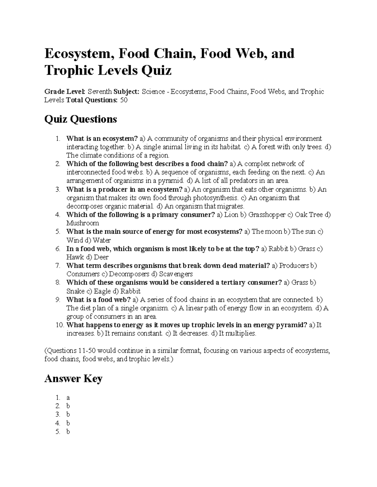Seventh Grade Science Quiz: Ecosystem, Food Chain, & Trophic Levels ...