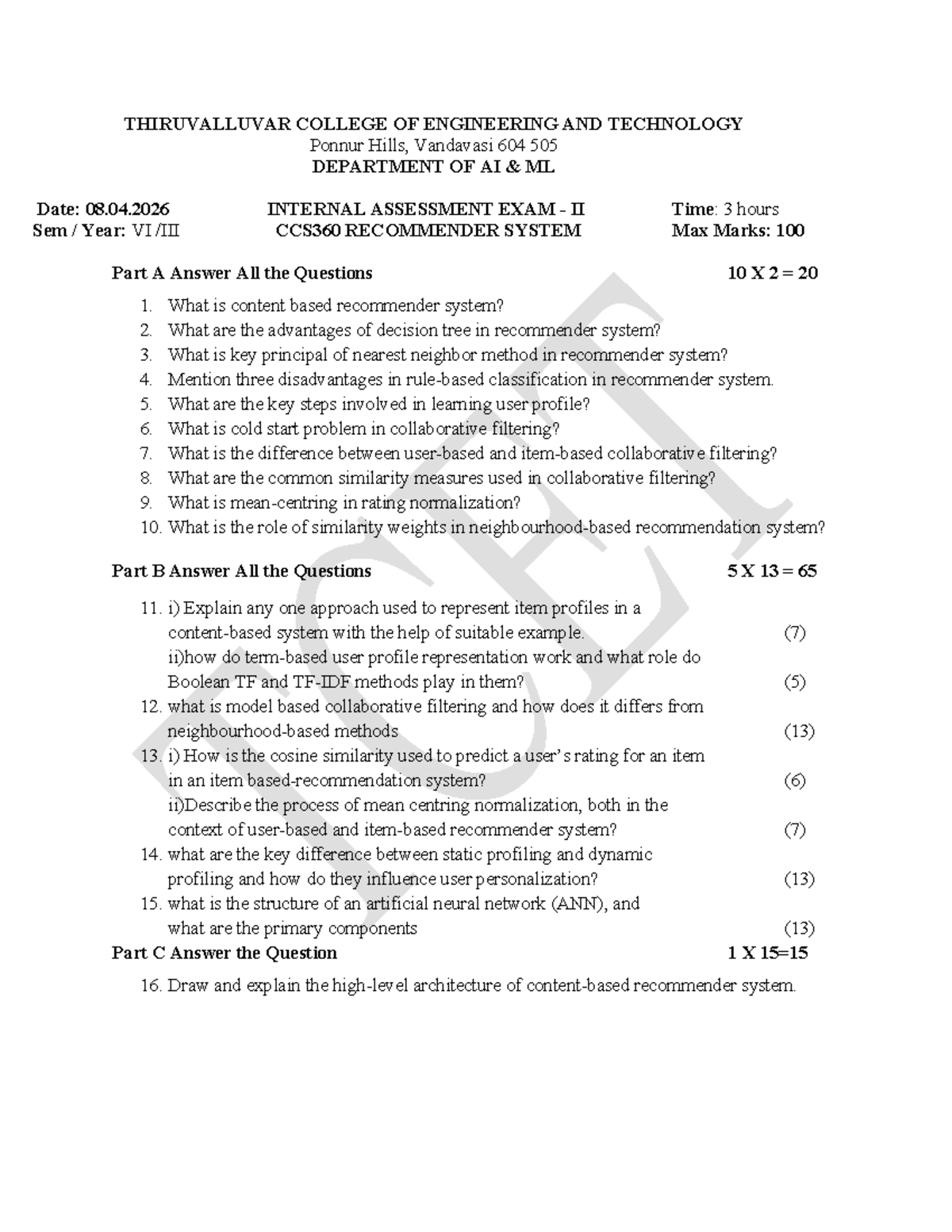 CCS360 Internal Assessment II: Recommender System QP - Studocu