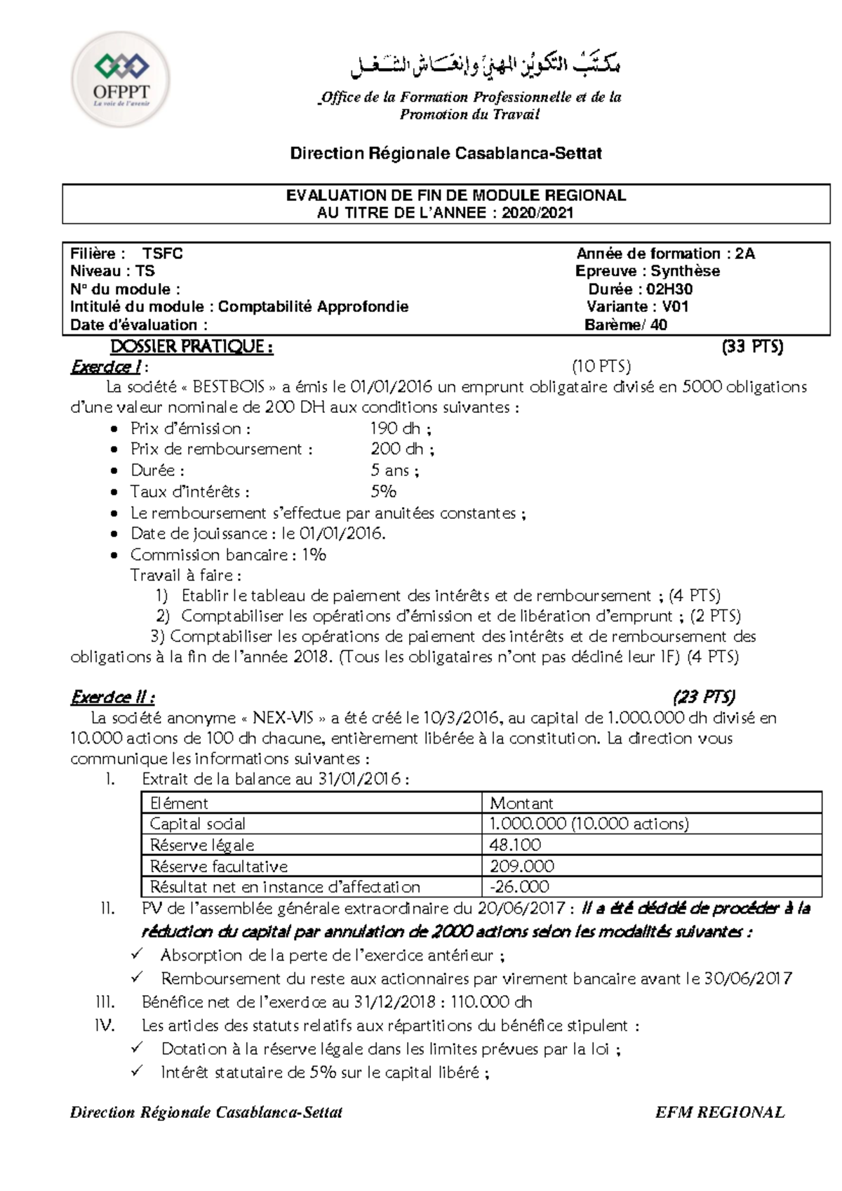 Évaluation de Fin de Module Régional - Comptabilité Approfondie 2A EFM - Studocu