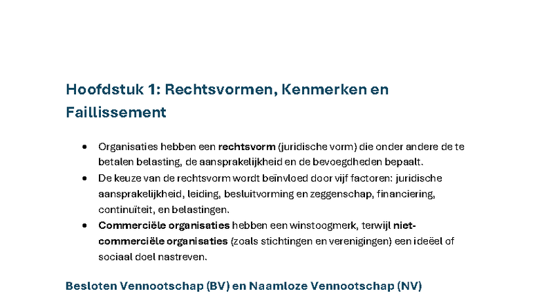 Hoofdstuk 1: Rechtsvormen en Faillissement van Organisaties - Studeersnel