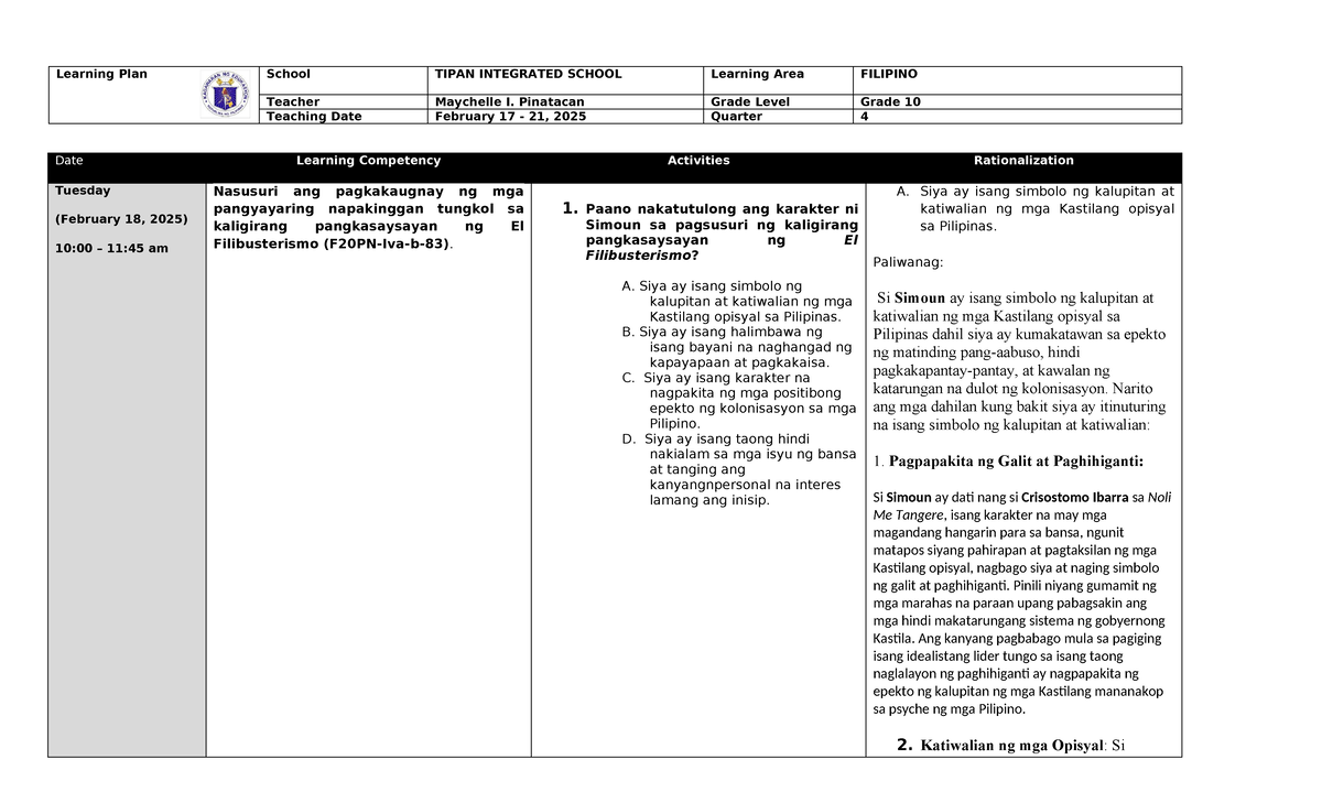 Filipino 10 Week 1 - lecture - Learning Plan School TIPAN INTEGRATED ...