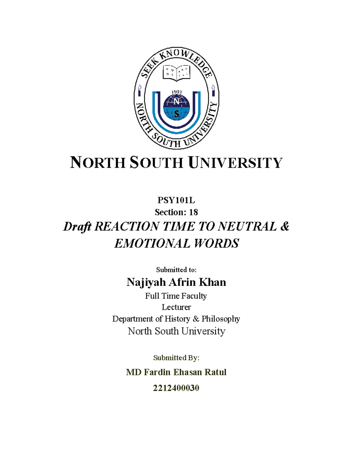 Reaction TIME TO Neutral & Emotional Words - NORTH SOUTH UNIVERSITY ...