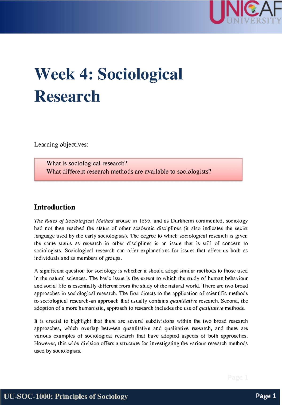Topic Overview - Week 4 - Sociological Research - Week 4: Sociological ...