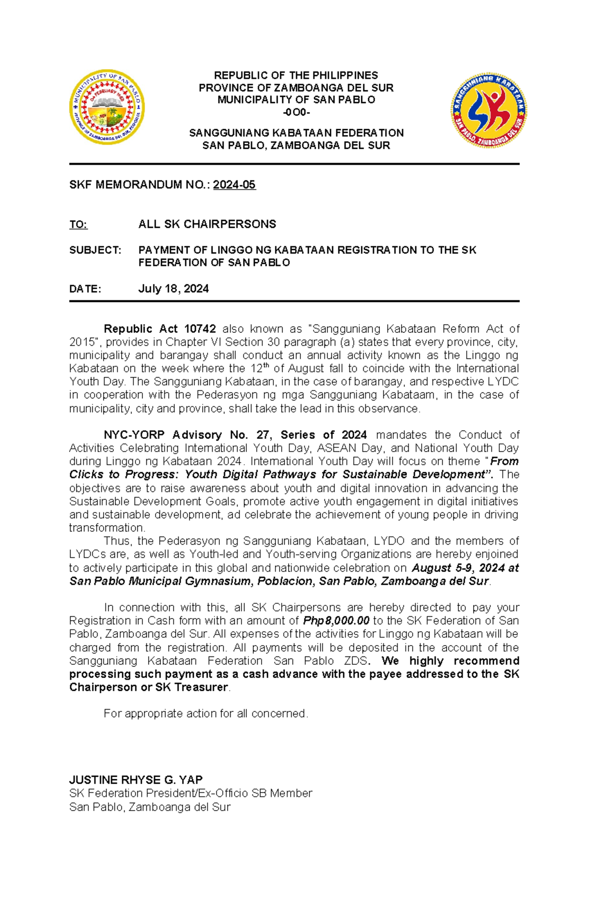 SKF Memo: Payment for Linggo ng Kabataan Registration 2024 - Studocu