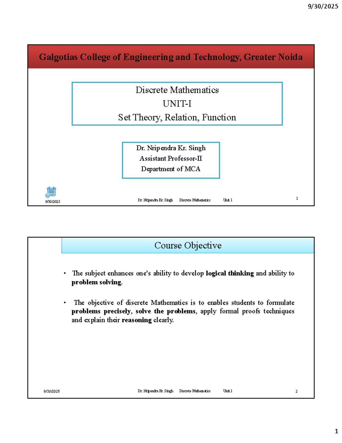 DM BMC 104 - Discrete Mathematics: Set Theory, Relations & Functions ...