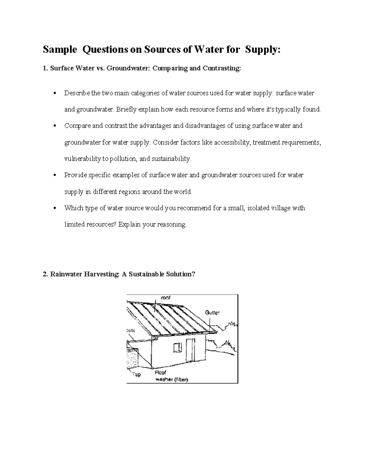 Sample Questions on Water Supply Sources: Surface, Rainwater ...