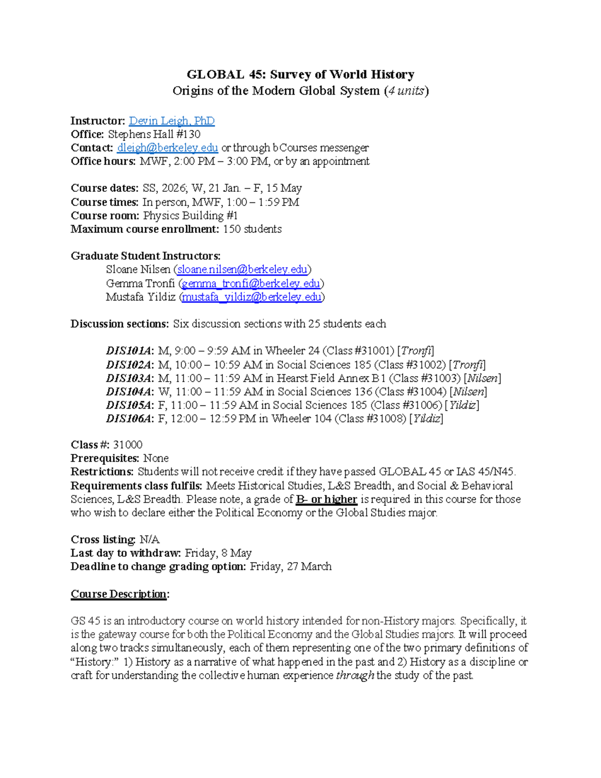 GS 45: Syllabus for Survey of World History - Spring 2026 - Studocu