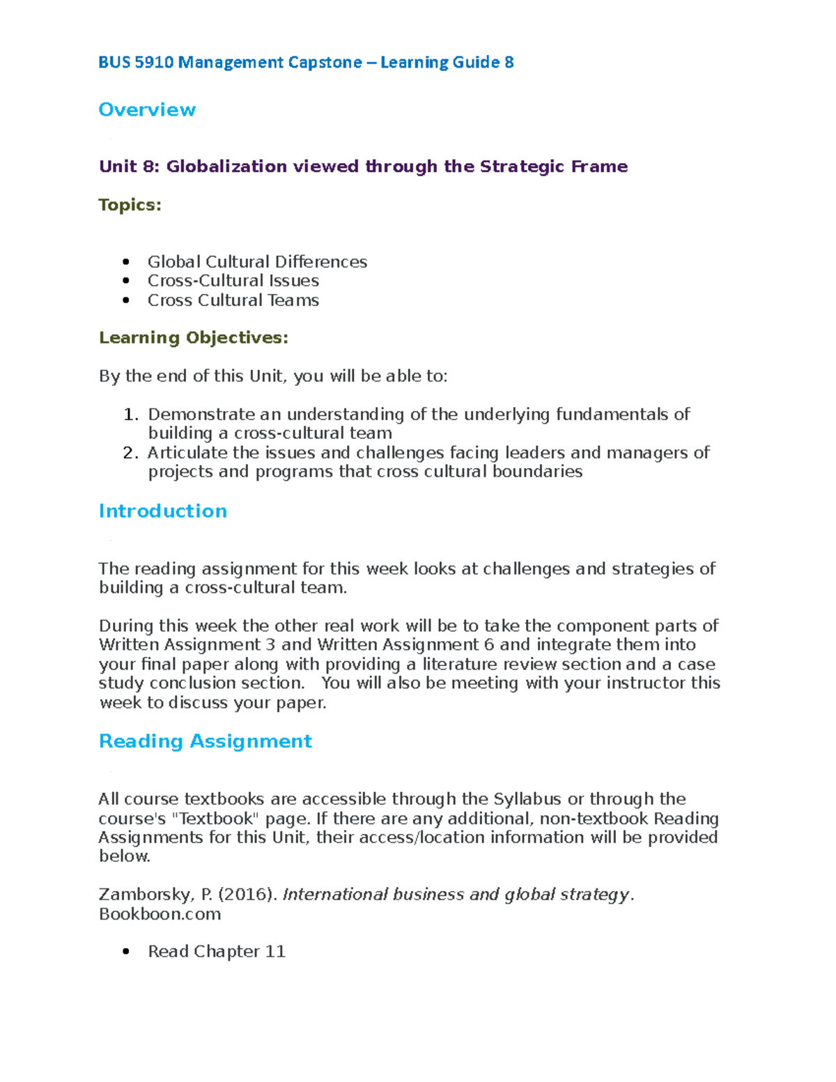 BUS 5910 Management Capstone - Learning Guide Unit 8 - Overview Unit 8 ...