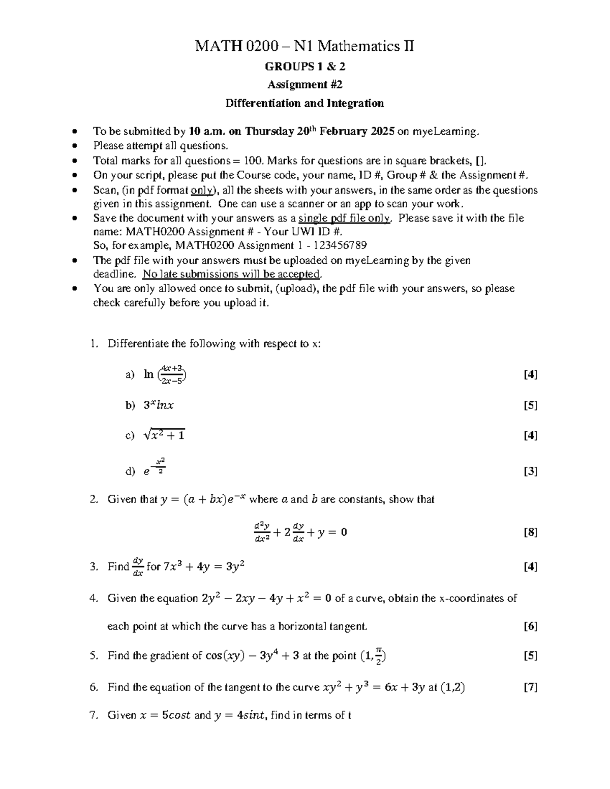 MATH 0200 N1 Assignment 2: Differentiation & Integration Guide - Studocu