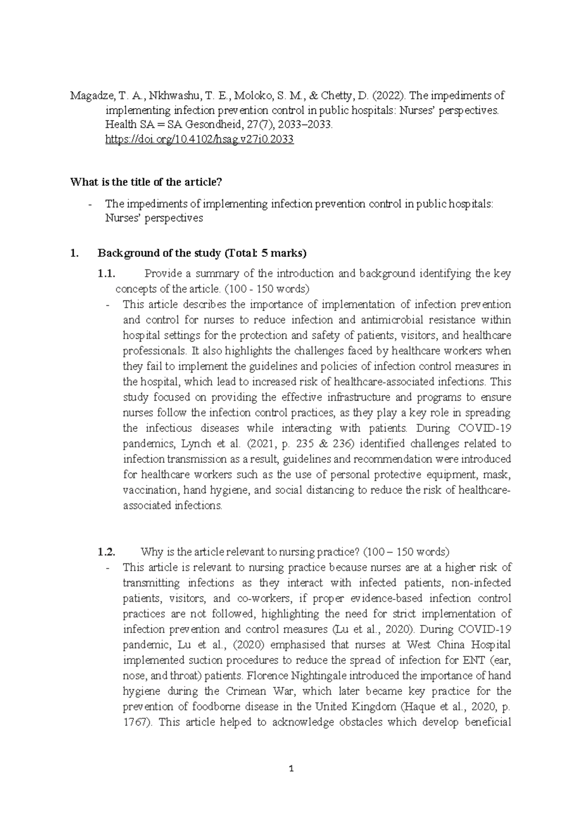 NURS1004 Assessment 2: Infection Prevention Control in Public Hospitals ...