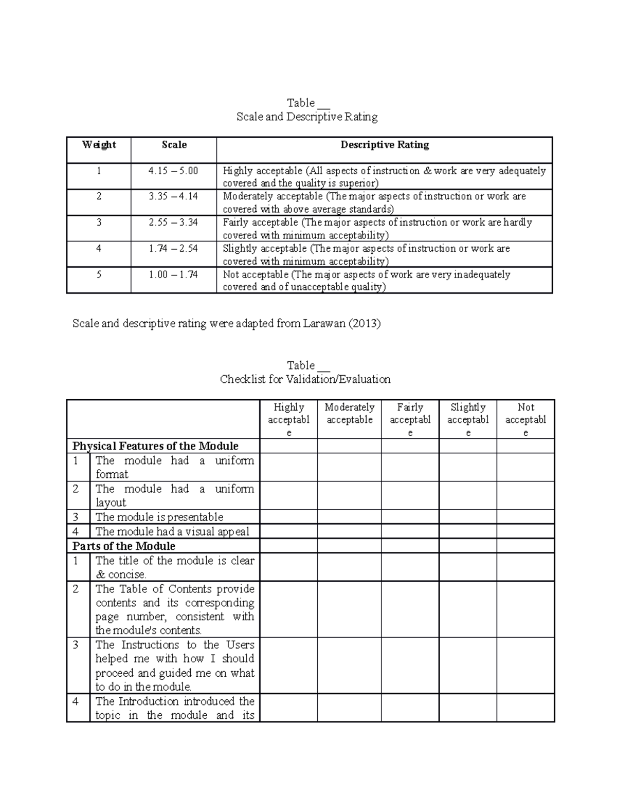Acceptability Questionnaire: Evaluation Checklist and Scale - Studocu