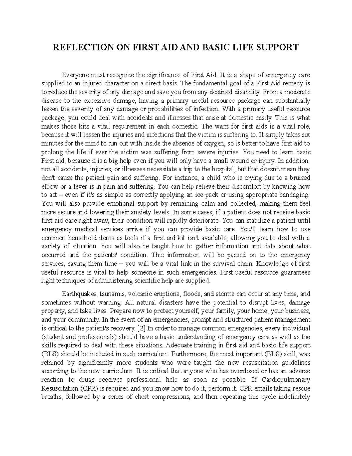 Reflection on First Aid and Basic Life Support (BLS) - Davon JAKE H ...