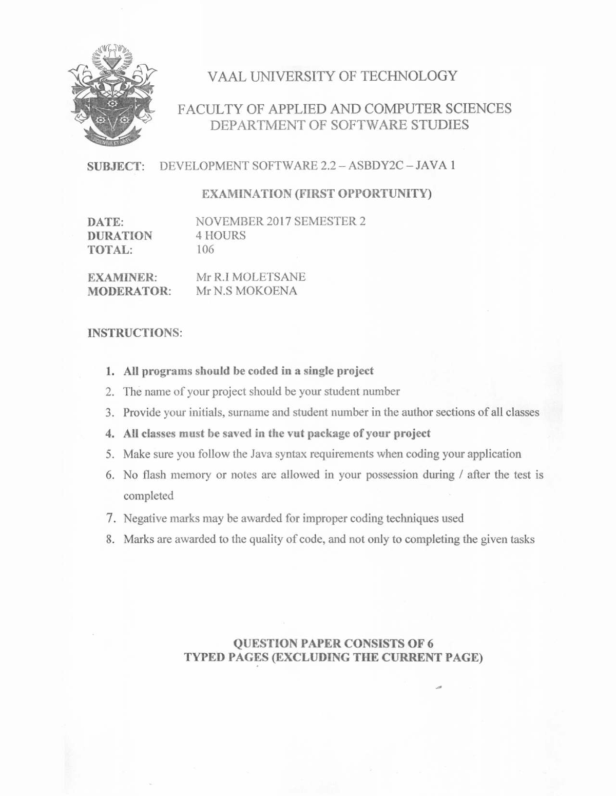 Development Software 2.2 ASBDY2C Java Exam Paper - Nov 2017 - Studocu