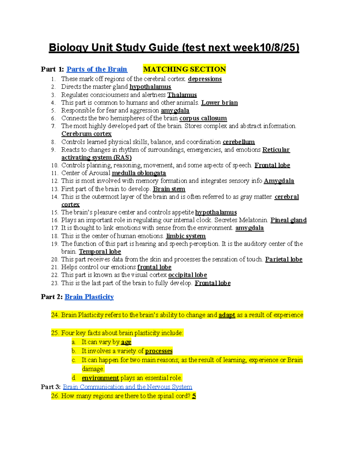 Biology Unit Study Guide (BIO101): Brain Structure & Function Insights ...