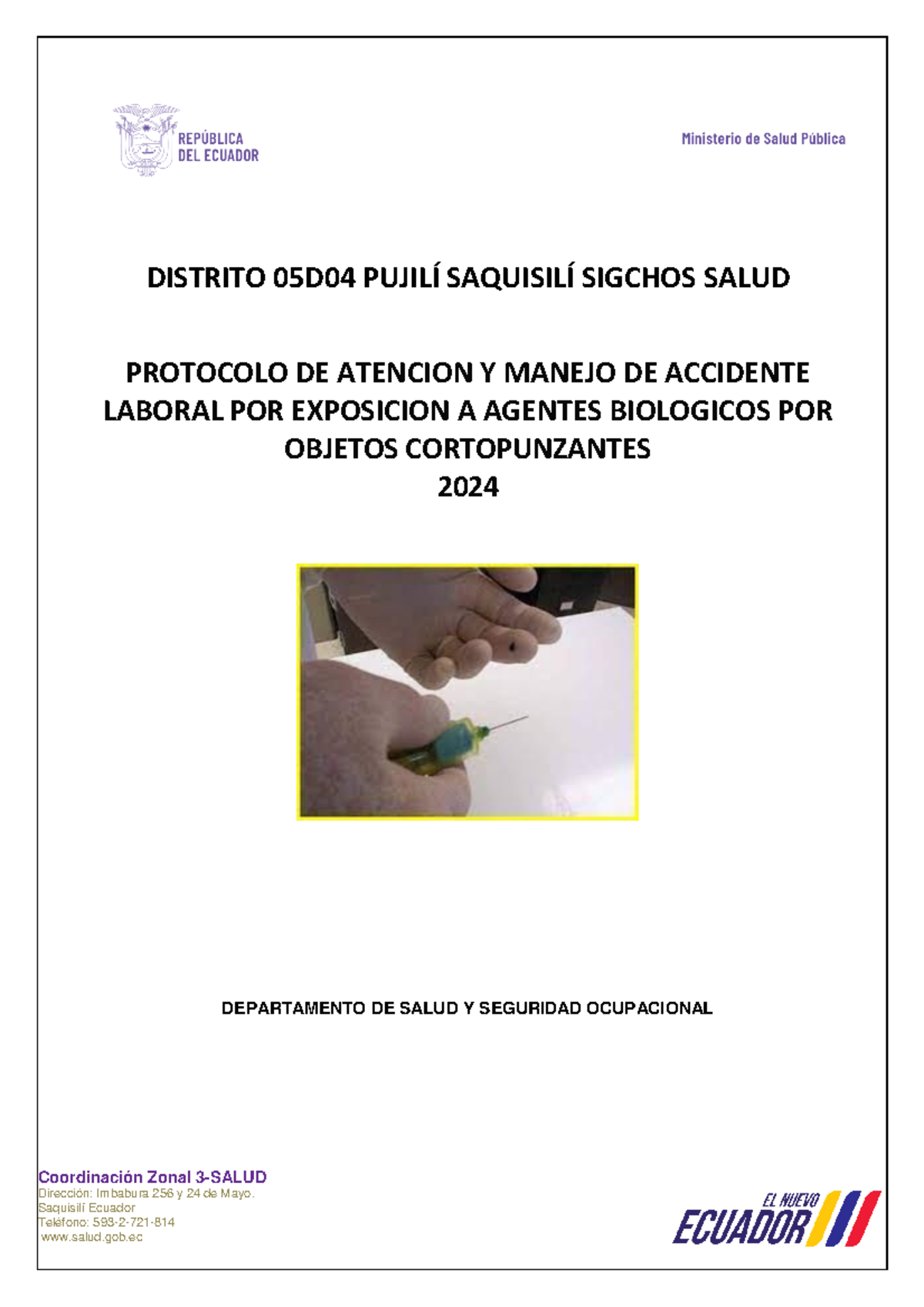 Protocolo DE Manejo de Accidentes Laborales POR Pinchazos - Salud 2024 ...