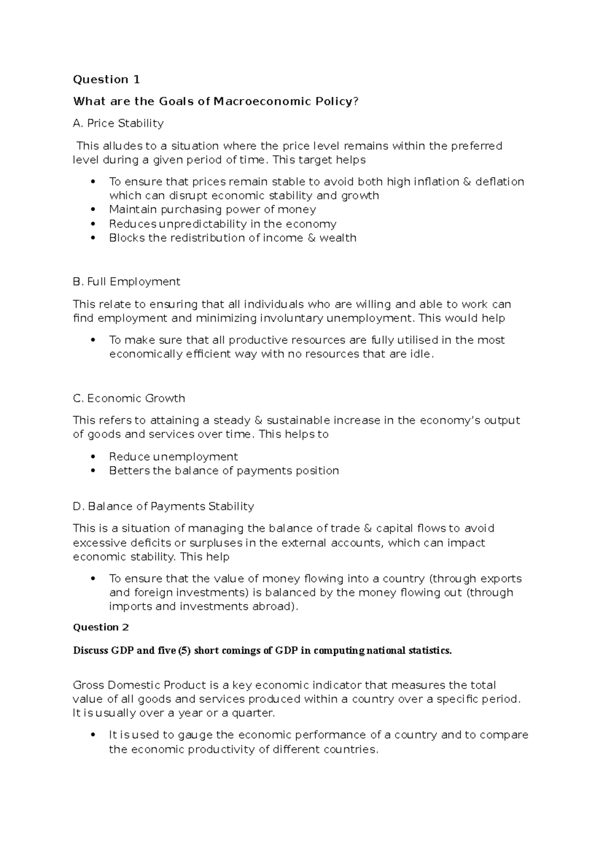 ECO 212 Assignment 1: Goals of Macroeconomic Policy & GDP Shortcomings ...