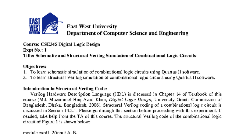 CSE345 Digital Logic Design Lab Manual: Schematic & Verilog Simulations - Studocu