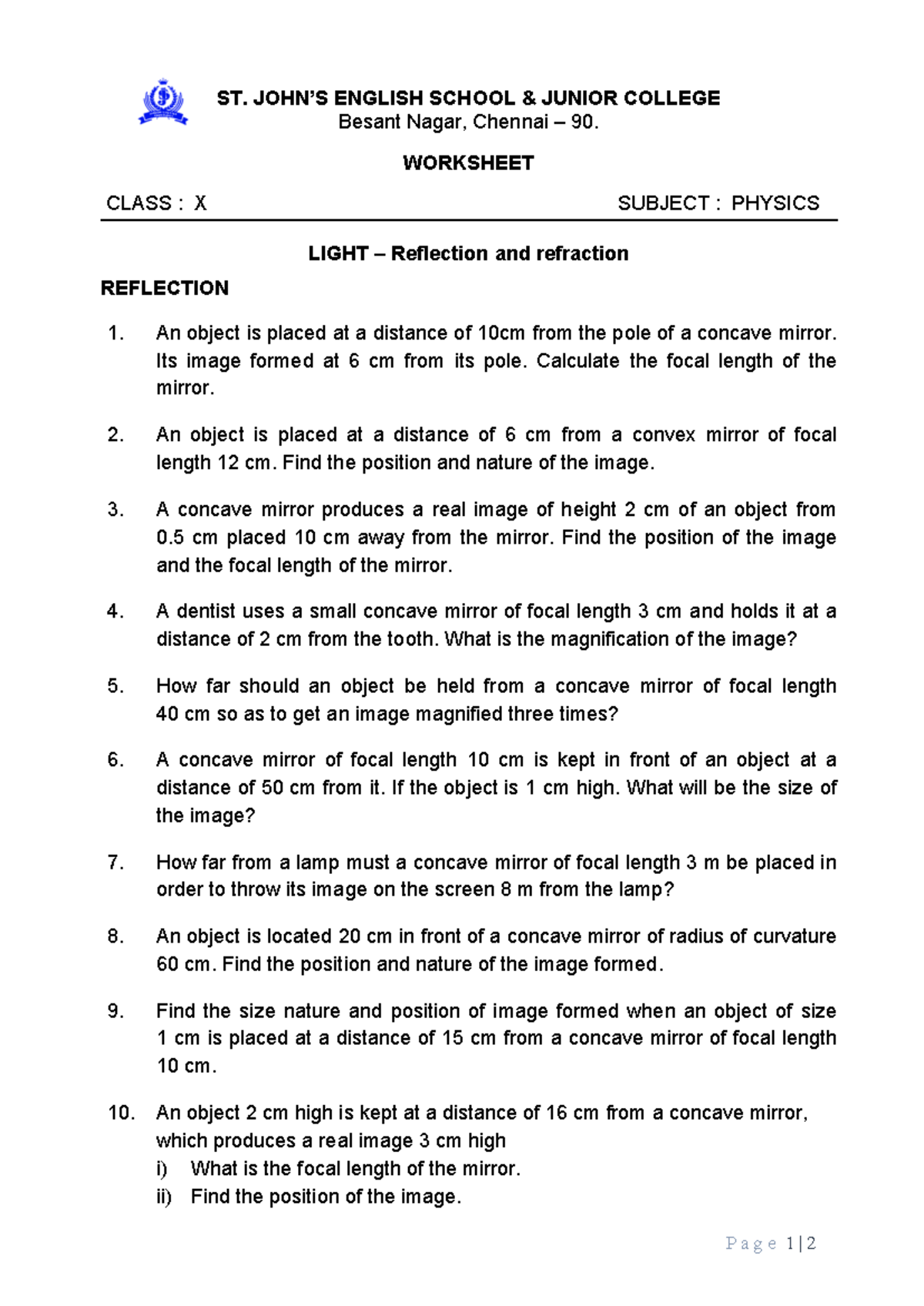 Class X Physics Worksheet: Light - Reflection & Refraction Exercises ...