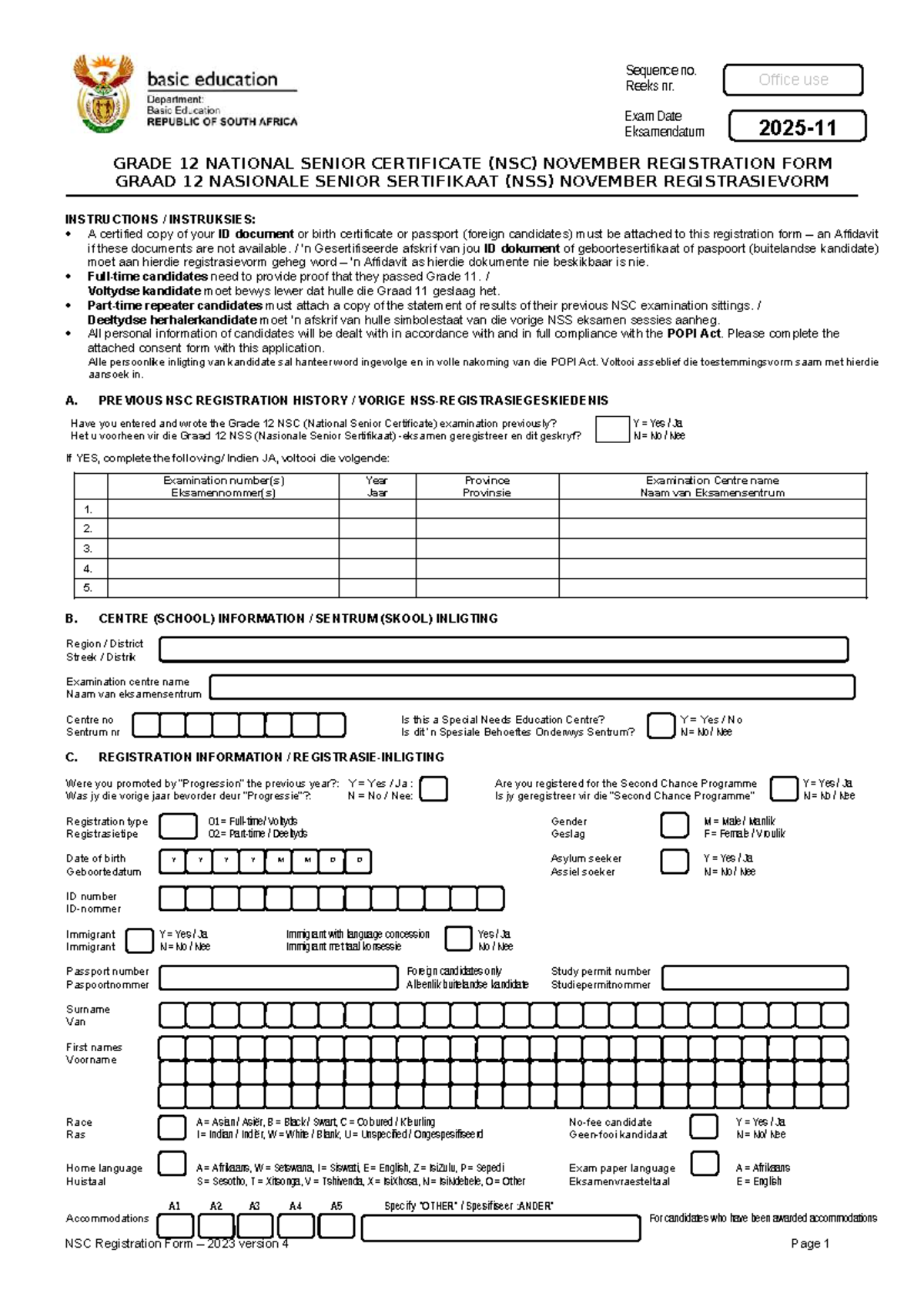 NSC Grade 12 November Registration Form - 2025-11 - Studocu