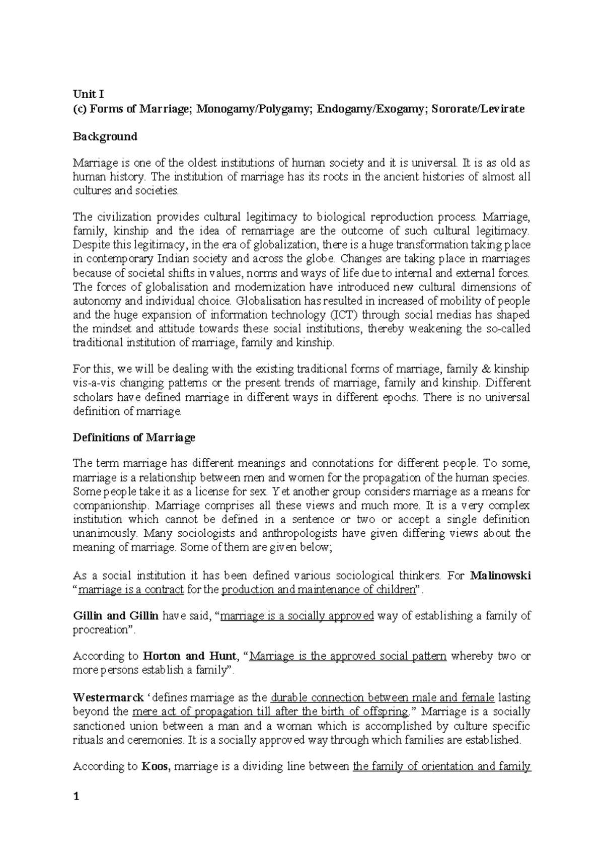 Unit I (c) - Understanding Forms of Marriage: Monogamy & Polygamy - Studocu