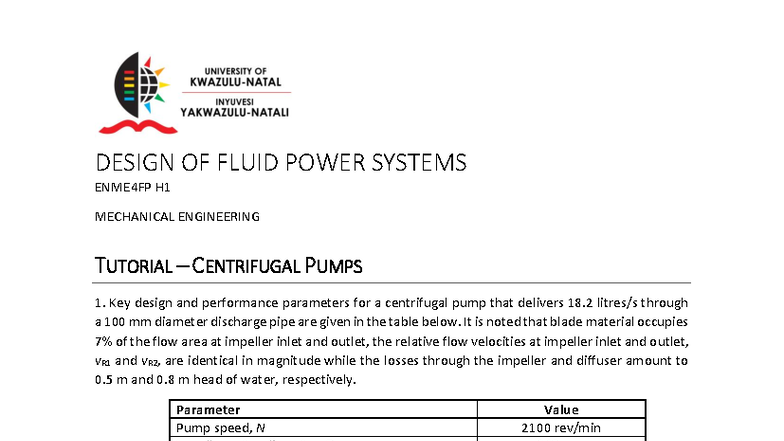 ENME4FP H1 Mechanical Engineering Tutorial: Centrifugal Pumps Design - Studocu