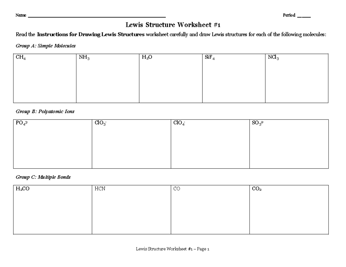 Lewis Structure Worksheet - Draw two resonance structures for the ...