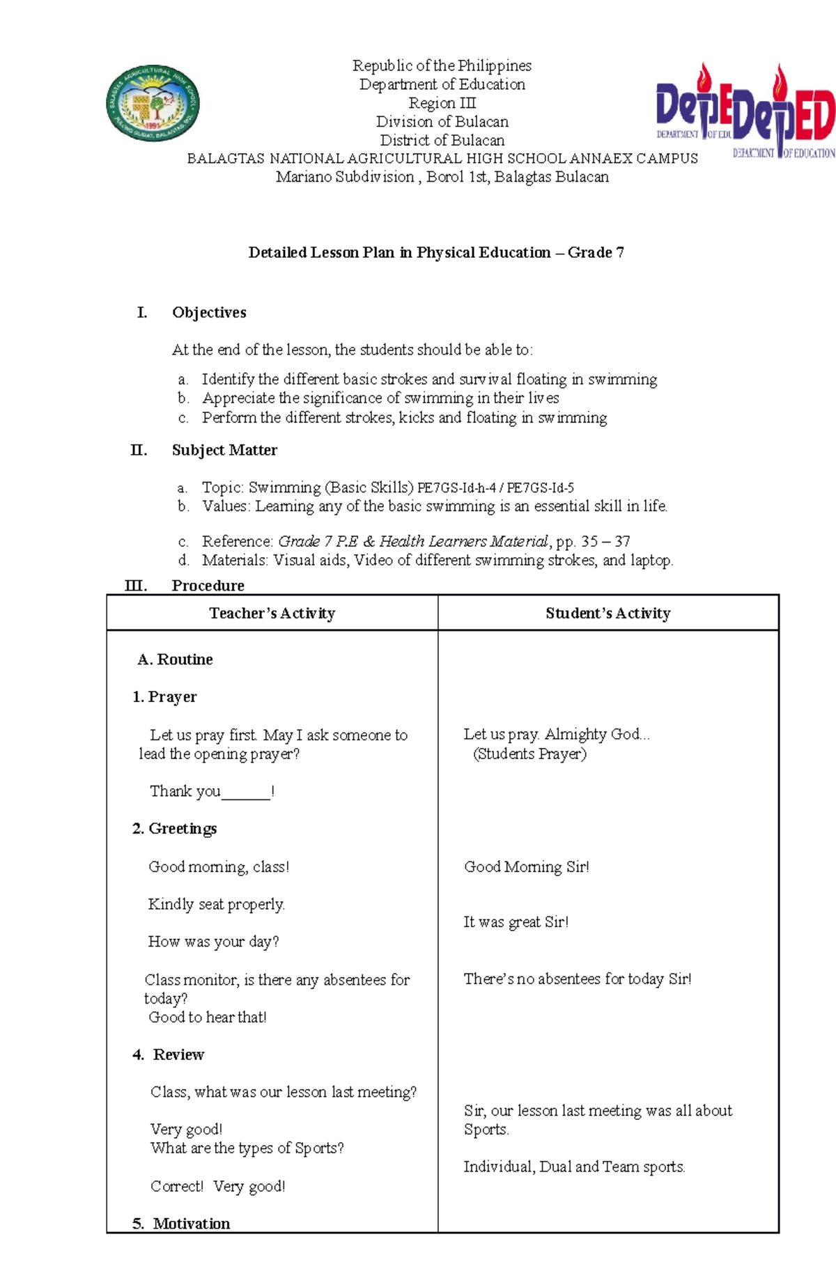 424418434 Detailed Lesson Plan in Physical Education 7 Swimming docx ...