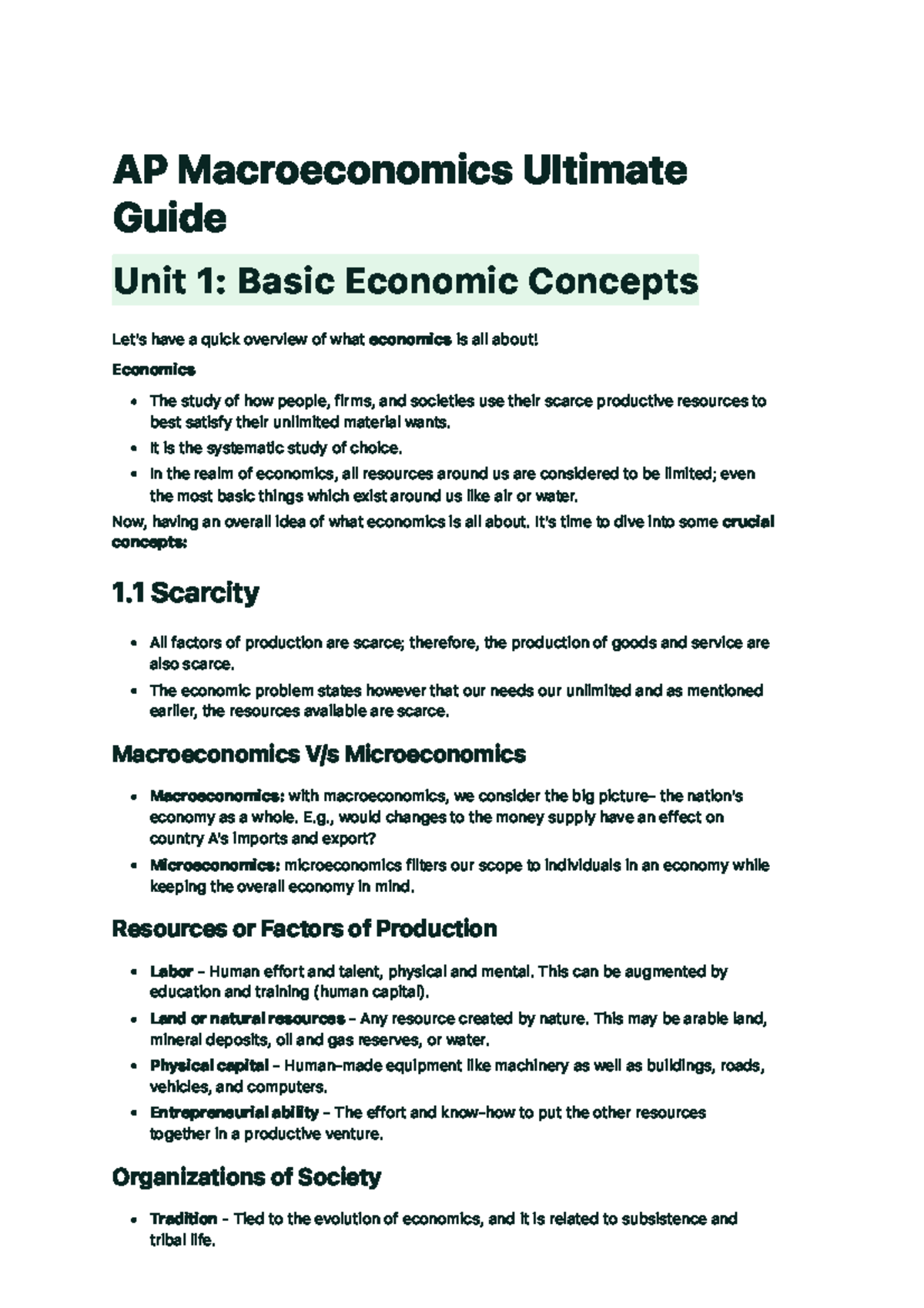 AP Macroeconomics Unit 1 Study Guide: Key Economic Concepts and ...