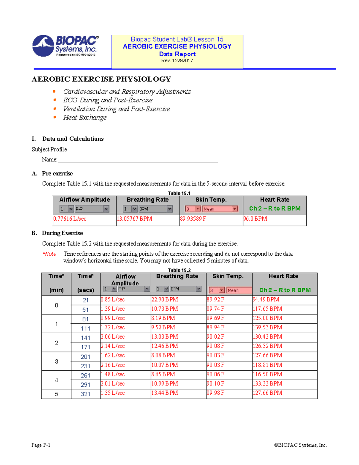 5039755 Biopac L15: Aerobic Exercise Physiology Data Report - Studocu
