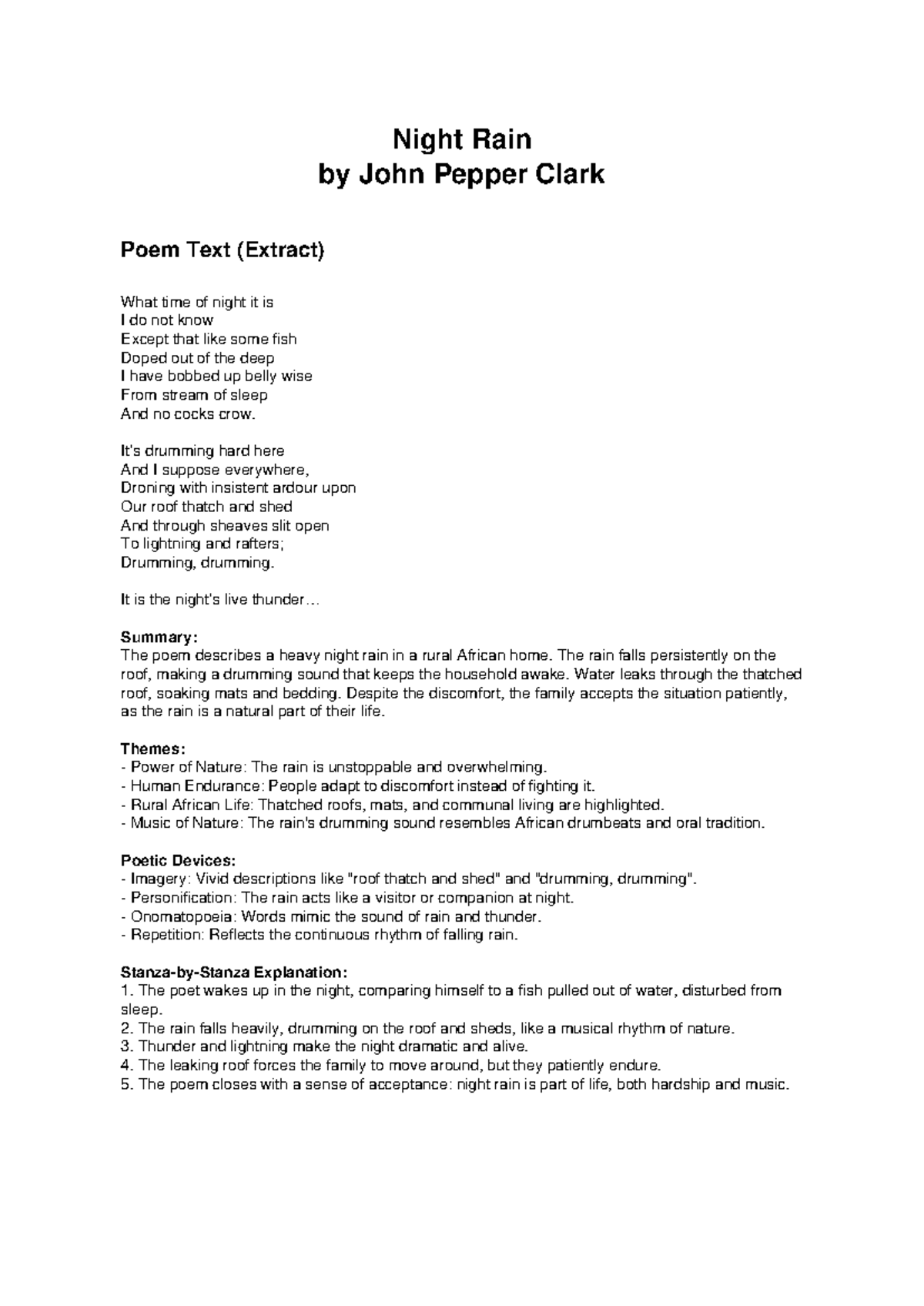 Night Rain Poem Analysis & Notes - JP Clark (Extract) - Studocu