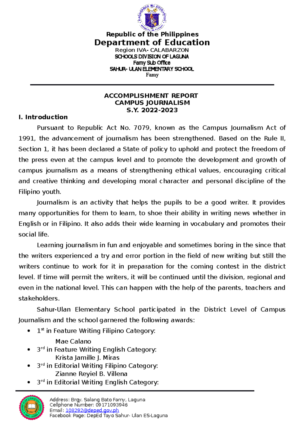 Campus Journalism 22-23 Accomplishment Report - Department of Education ...