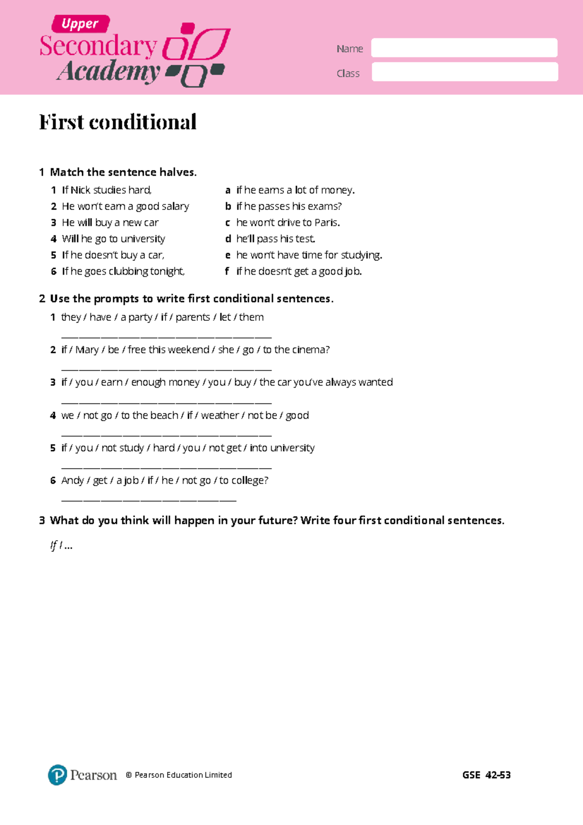 First Conditional - Worksheet for Class Activities - Studocu