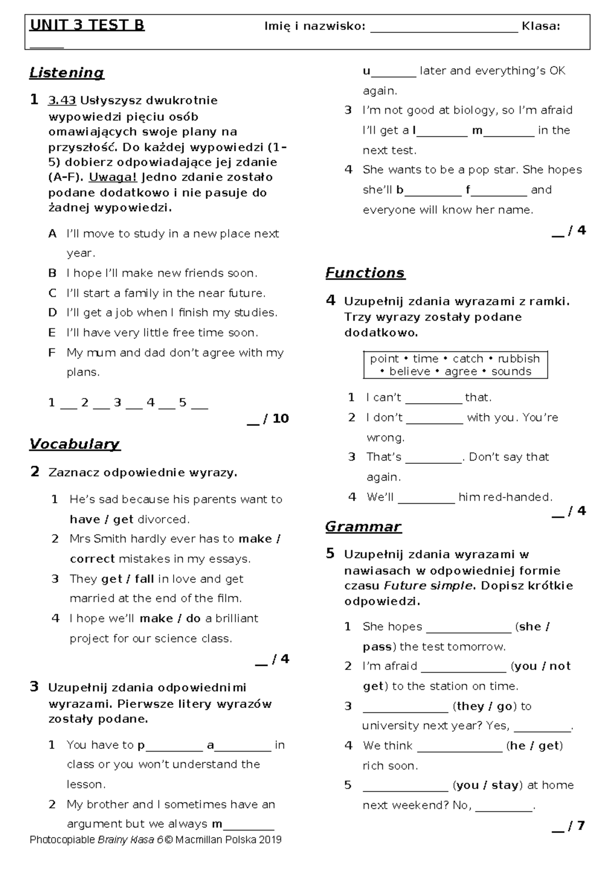 611548822 Brainy Klasa 6 Unit Test 3 B - Listening, Vocabulary & More ...
