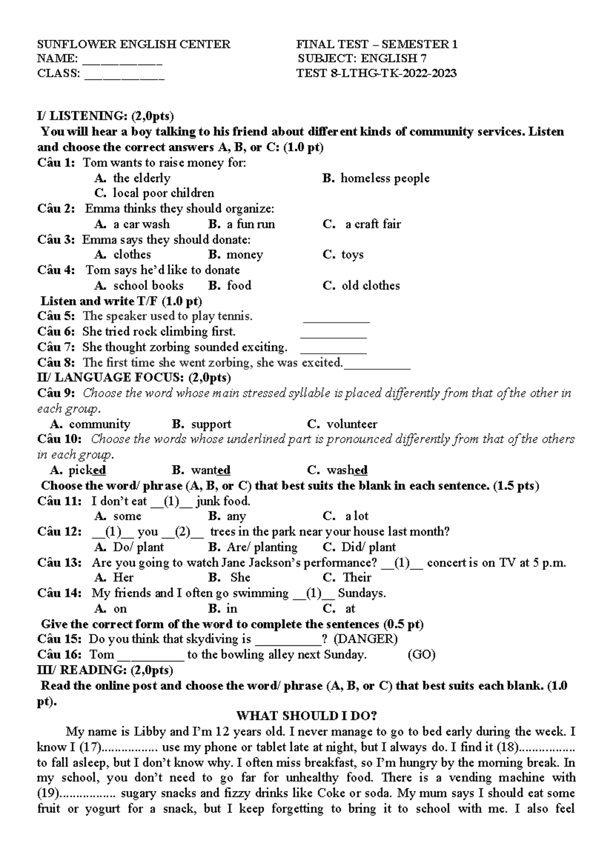 Grade 7 English Final Test: Listening & Language Focus (LTHG-TK-22-23 ...