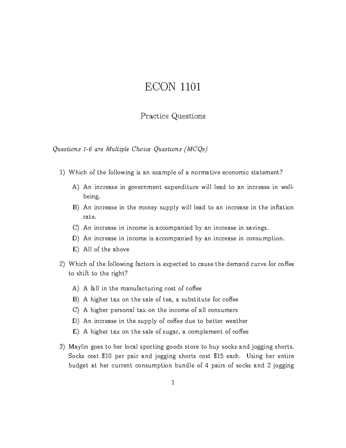 ECON 1101 Practice Questions: MCQs and Elasticity Concepts - Studocu
