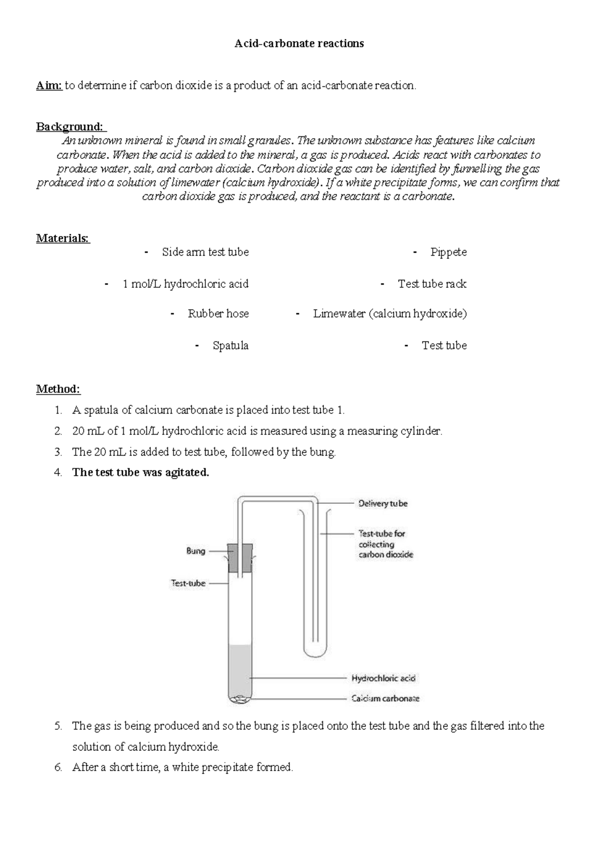 Acid-Carbonate Reaction: Identifying CO2 Production in Lab Experiment ...