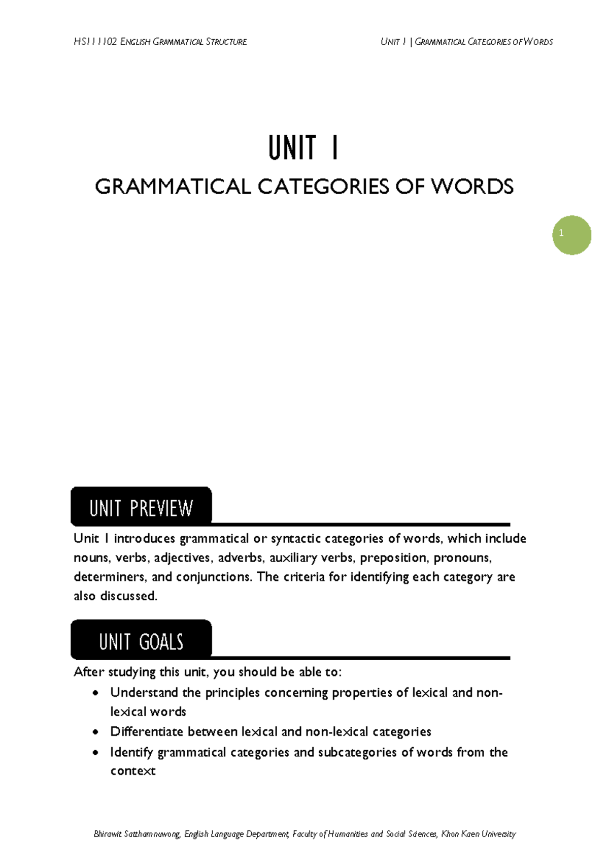ENGLISH GRAMMATICAL STRUCTURE UNIT 1: CATEGORIES OF WORDS - Studocu