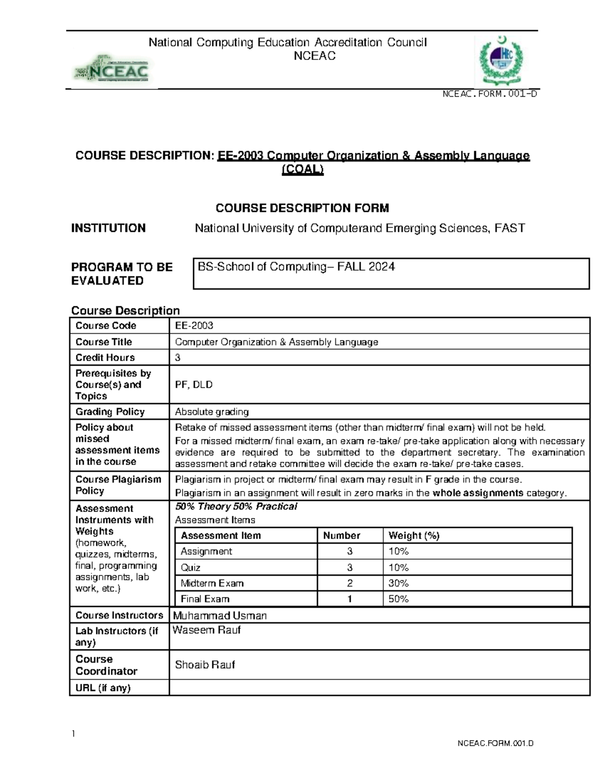 COAL Course Description & Outline - Fall 2024 (NCEAC) - Studocu