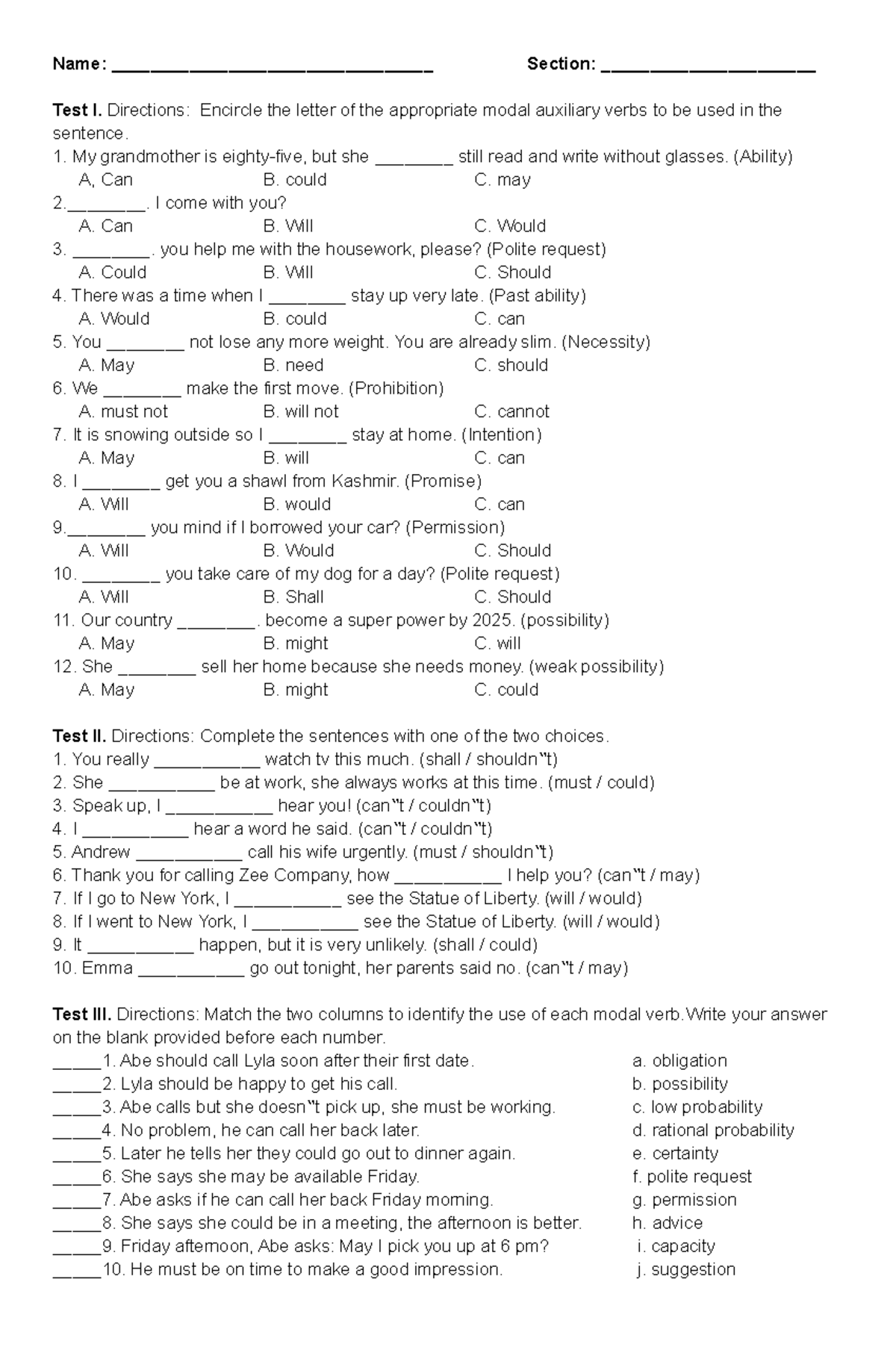 Modals Exercise (ENG 101) - Comprehensive Practice and Answer Key - Studocu