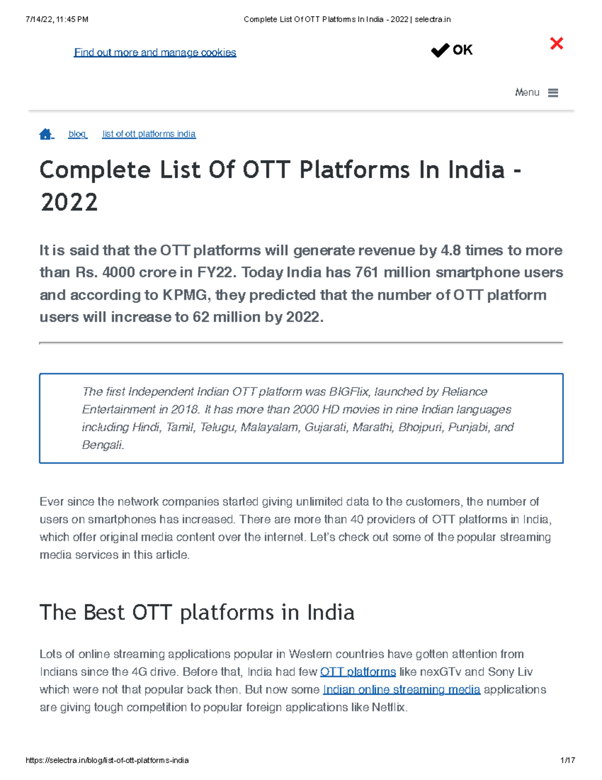 Complete List of OTT Platforms in India - 2022 Overview - Studocu