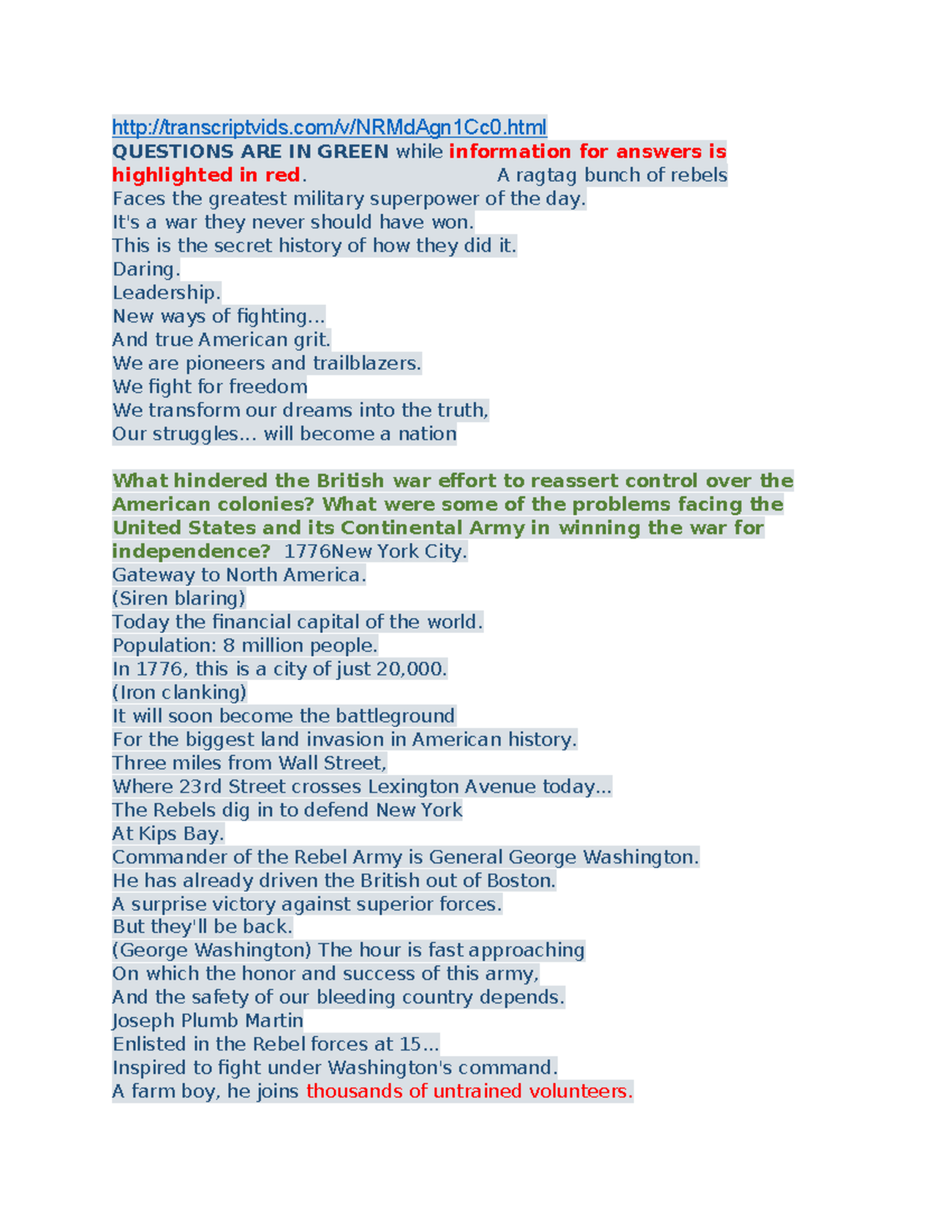 Transcript for "America the Story of US" Episode 2: Revolutionary War ...