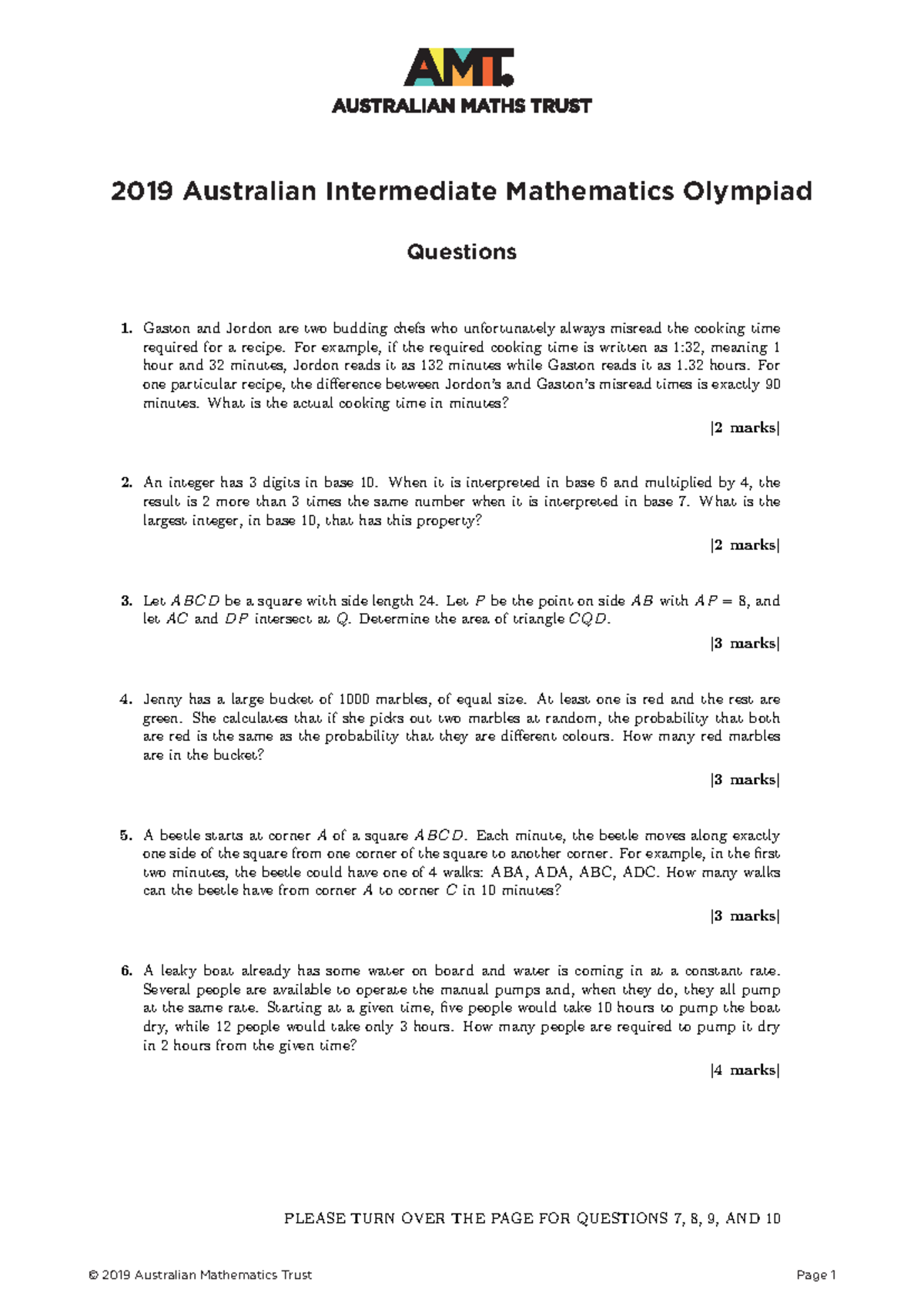 2019 AIMO Final Exam Questions and Solutions: Intermediate Mathematics ...