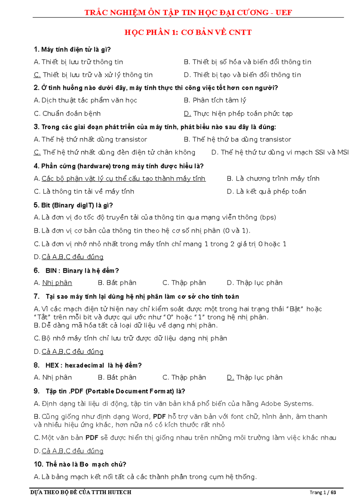 Trắc nghiệm Ôn Tập Tin Học Đại Cương - THDC-UEF - Studocu