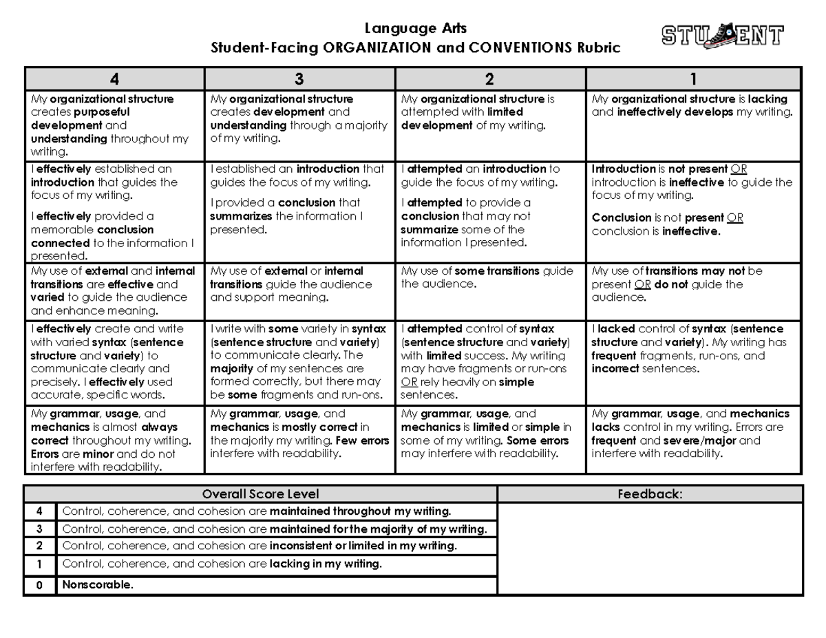 LA Student Facing OC Rubric: Language Arts Organization & Conventions ...