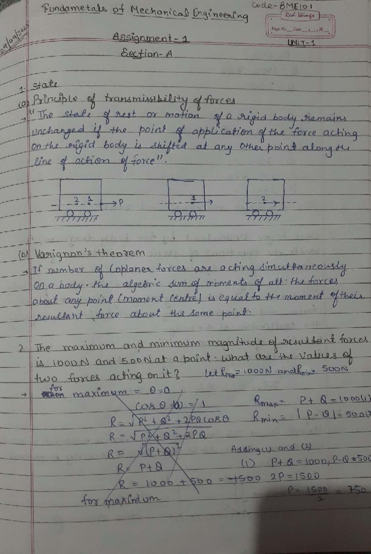 Fundamentals of Mechanical Engineering BME101: Mechanics Assignment 1 ...