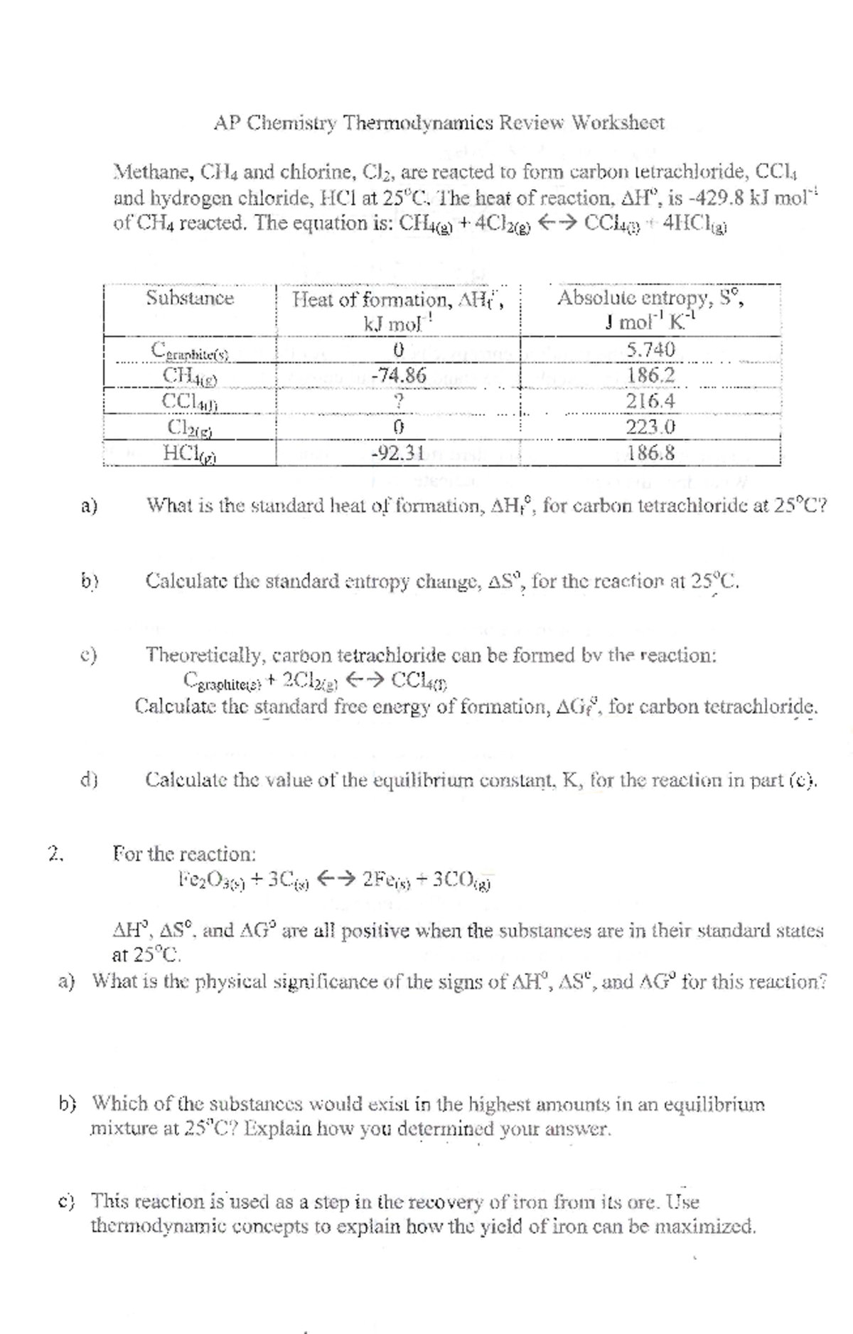 Thermodynamics Review Worksheet copy - AP Chemistry Thermodynamics ...